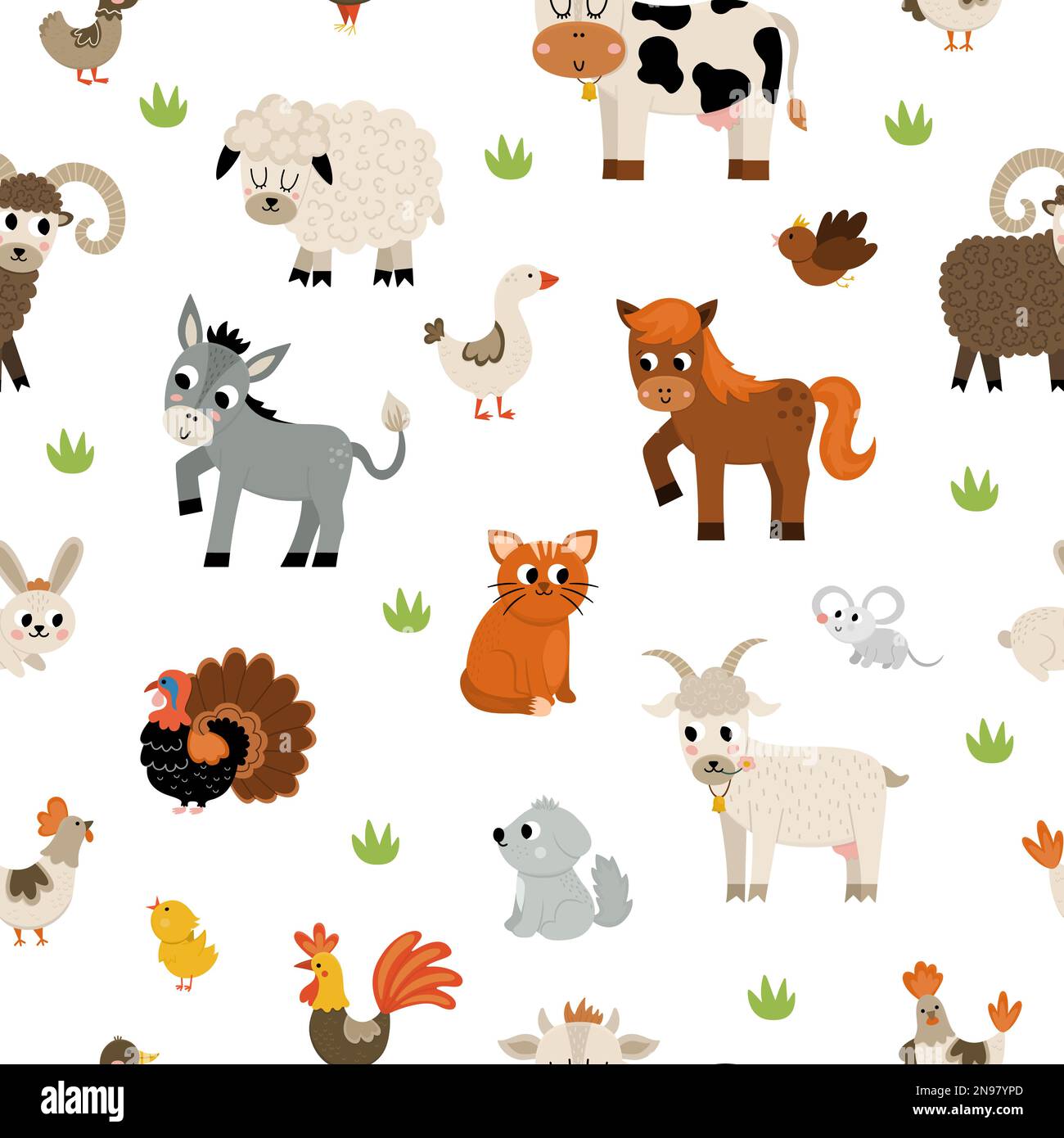 Vector seamless pattern with farm animals and birds. Repeat background ...