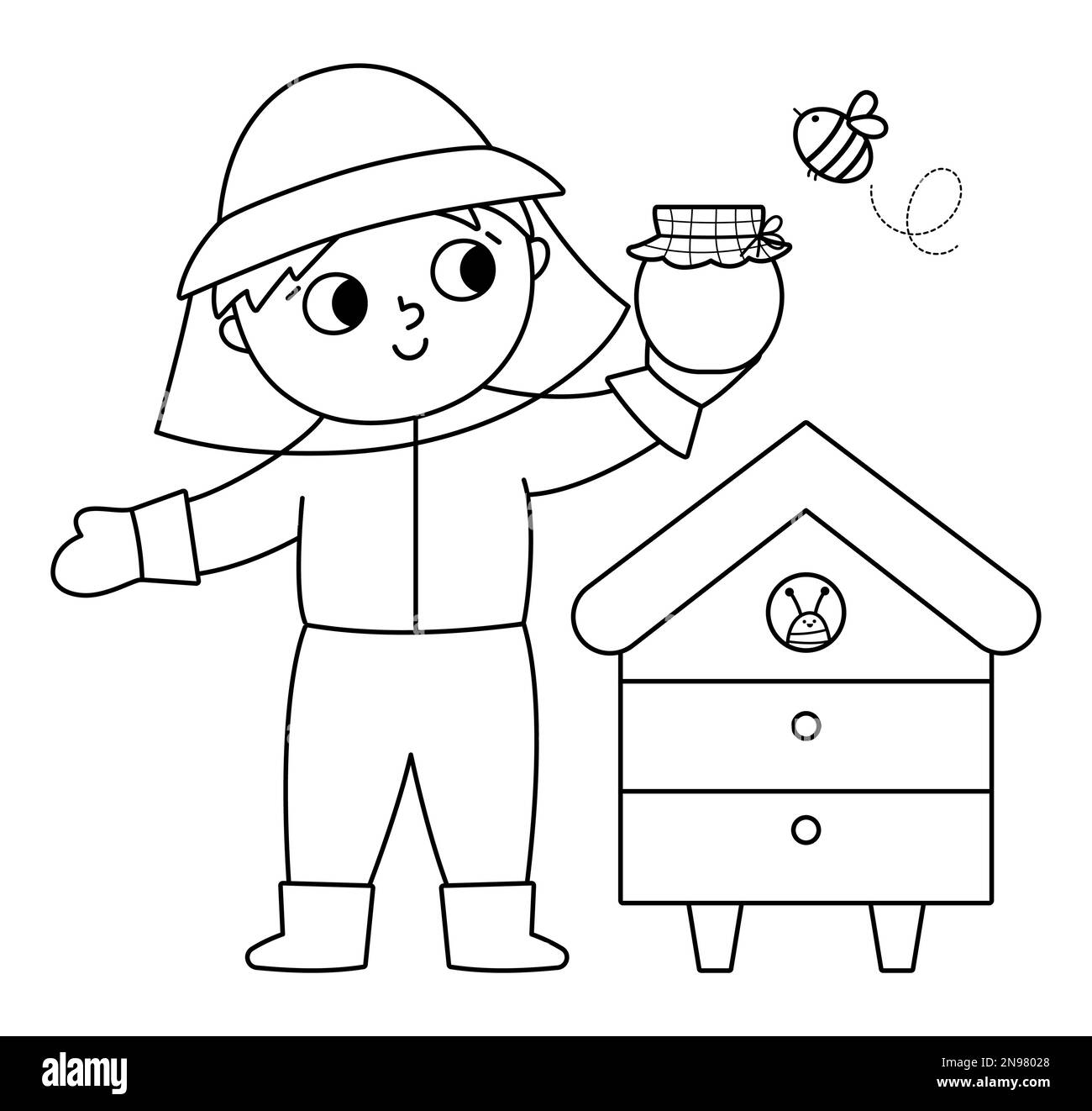 Vector black and white beekeeper with honey jar, bee, beehive. Cute ...