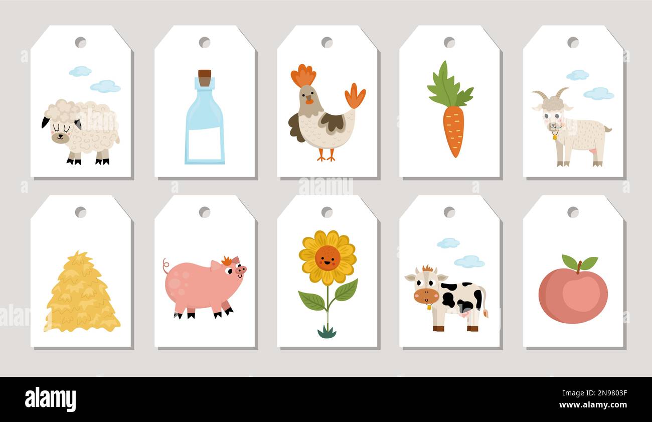 Cute farm price tag cards set with tractor, barn, farmer, cow. Vector ...