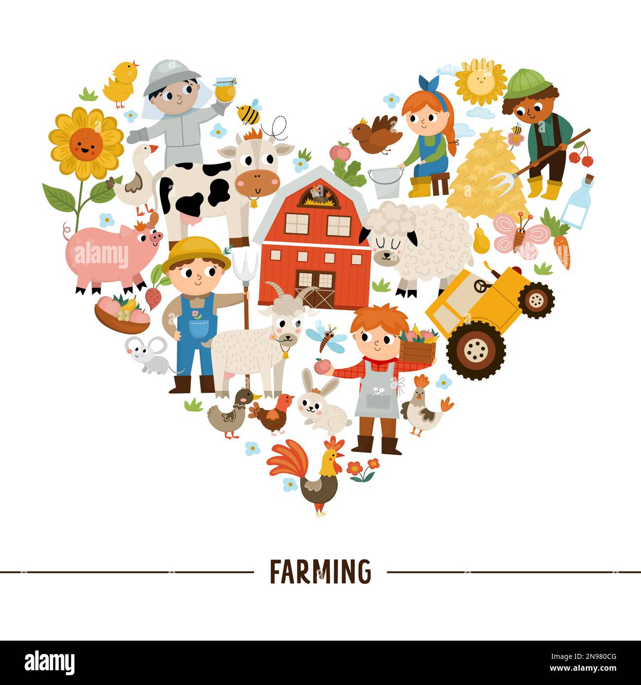 Vector farm heart shaped frame with farmers and animals. Rural country ...