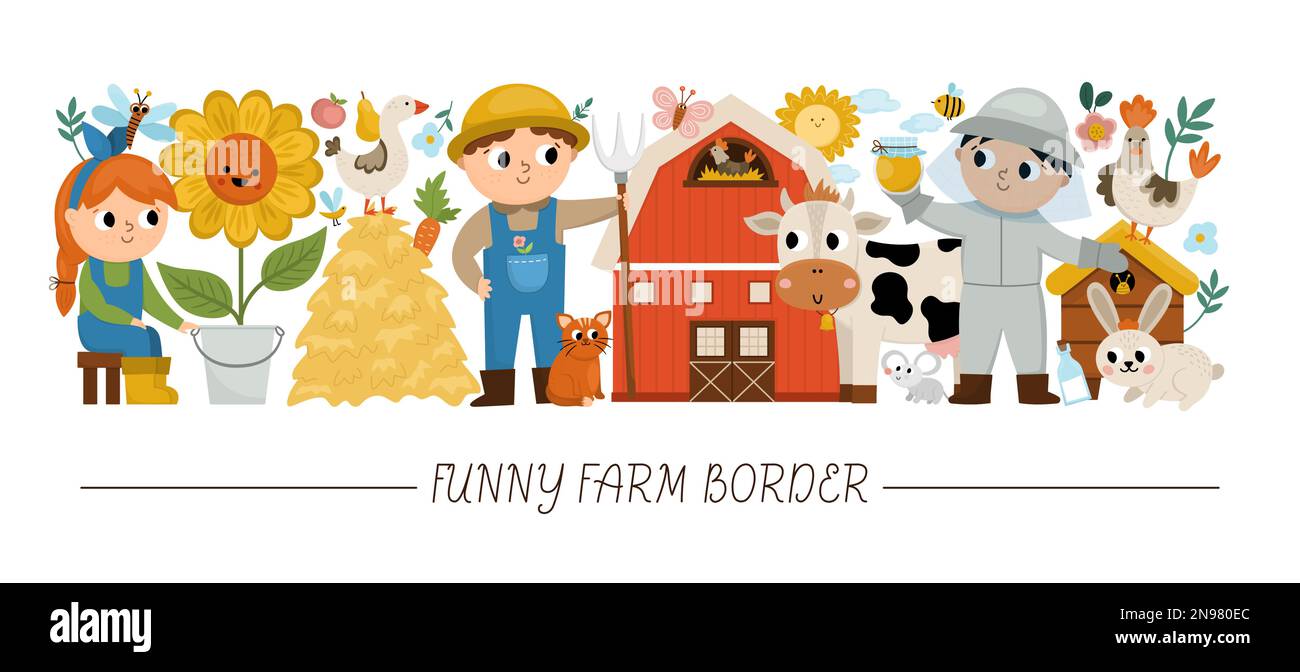 Vector horizontal border set with cute farmers and animals. Rural ...
