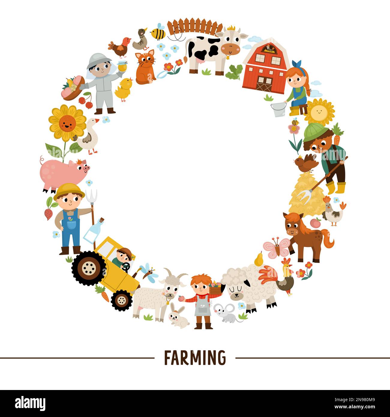 Vector farm round frame with farmers and animals. Rural country card ...