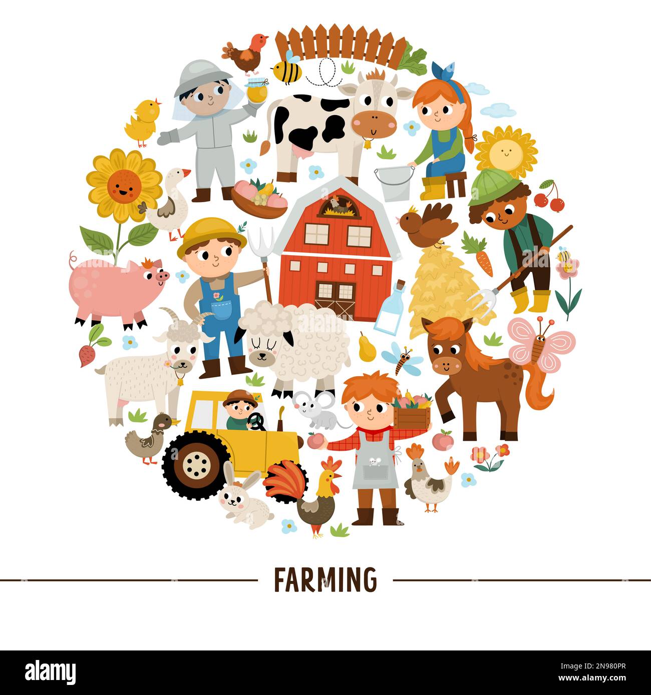 Vector farm round frame with farmers and animals. Rural country card ...