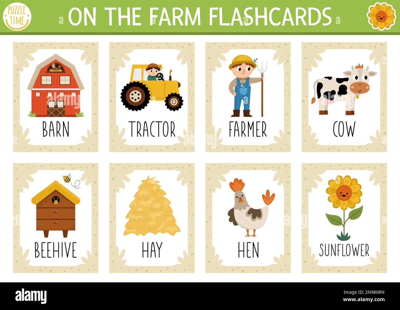 Vector on the farm flash cards set. English language game with cute ...