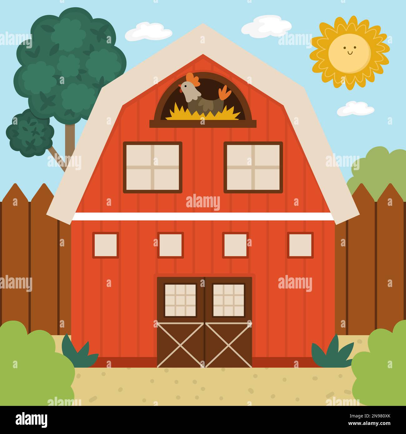 Vector farm or garden landscape illustration. Rural village scene with ...