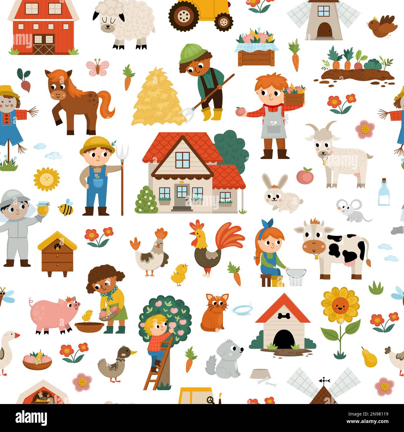 Vector farm seamless pattern. Rural countryside repeat background with ...
