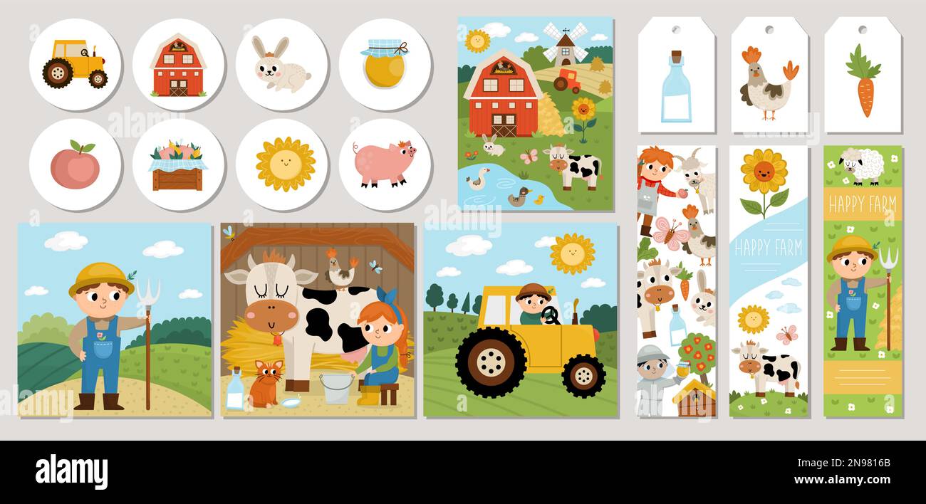 Cute farm cards set with farmer, barn, animals and birds. Vector ...
