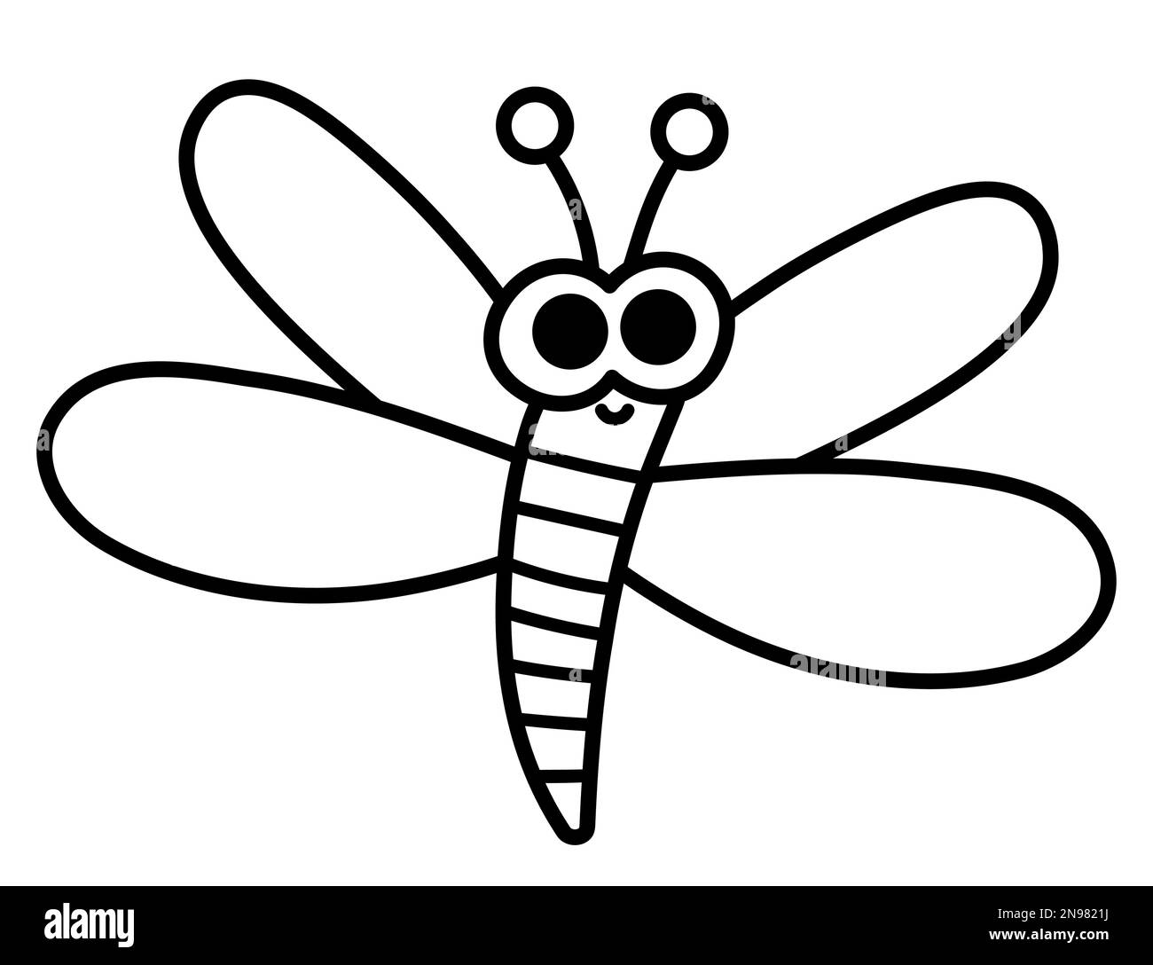 Vector black and white dragonfly icon. Funny woodland, forest, farm or ...