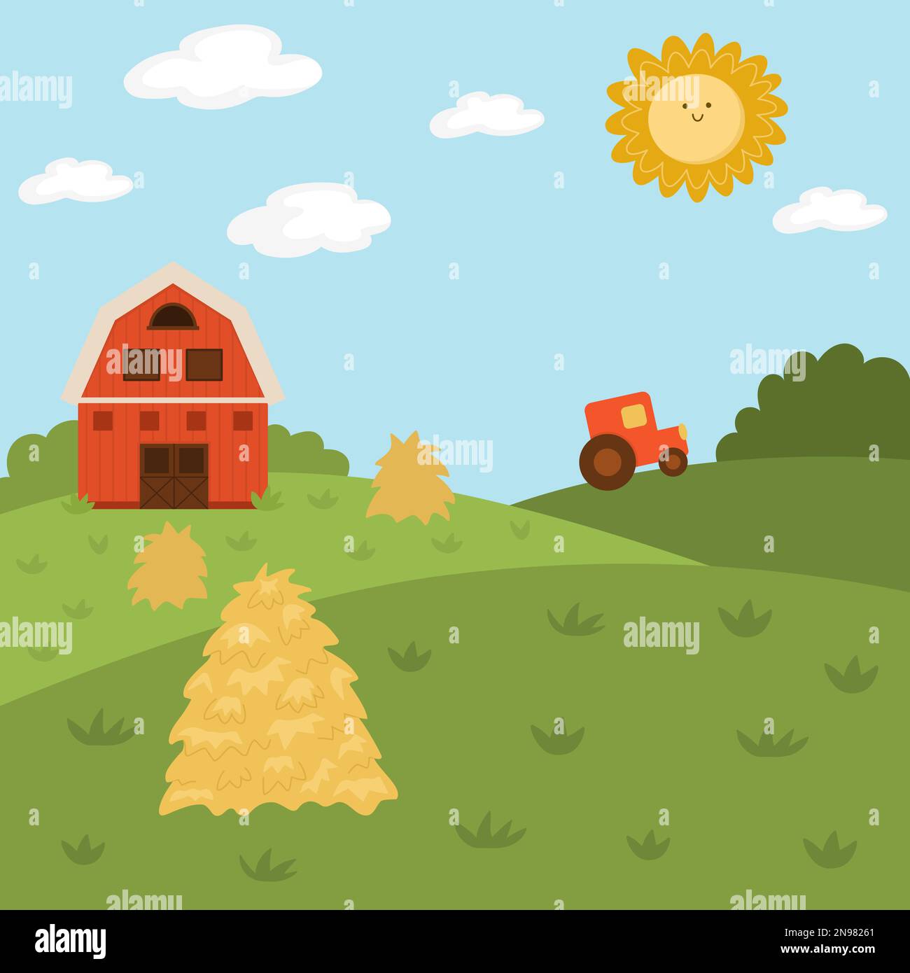 Vector farm landscape illustration. Rural village scene with barn ...