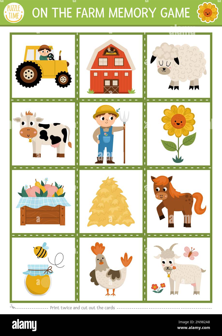 Vector on the farm memory game cards with cute traditional rural ...