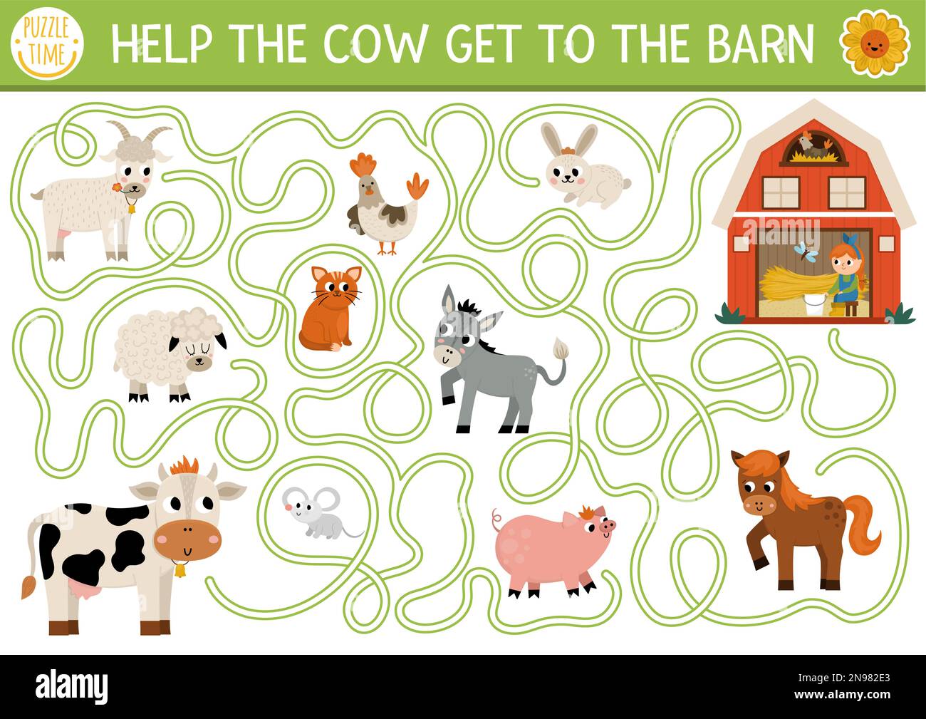 Farm maze for kids with animals and cottage shed. Country side ...