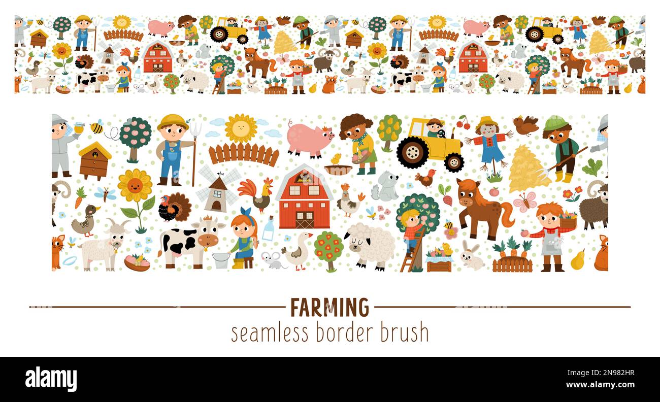Vector farm seamless border brush with farmers and animals. Rural ...
