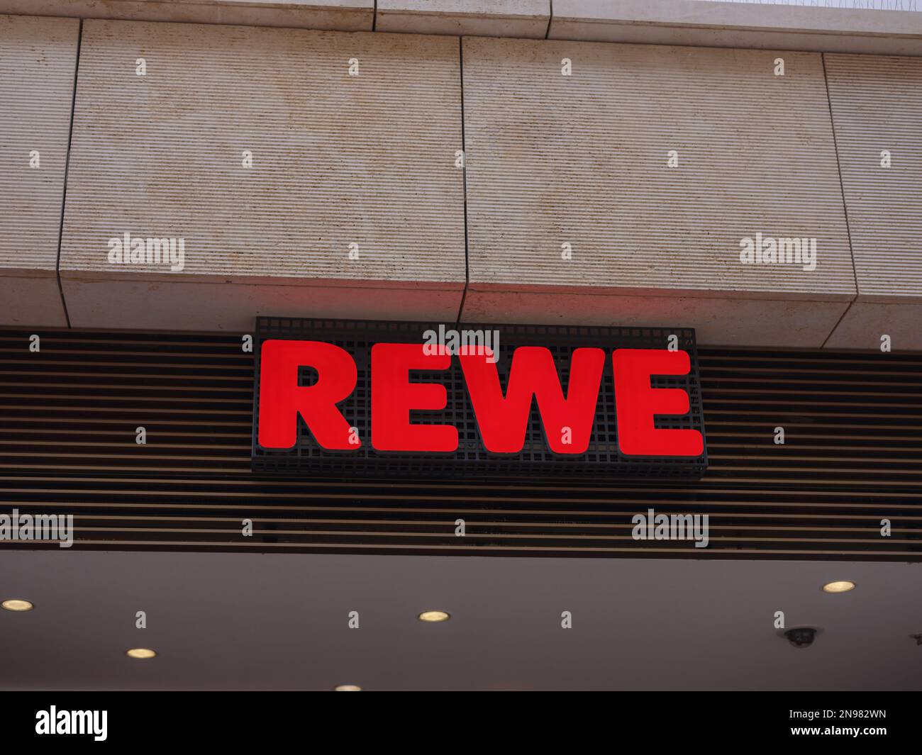Munich, Germany - August 5, 2022: Logo of REWE supermarket in Germany ...