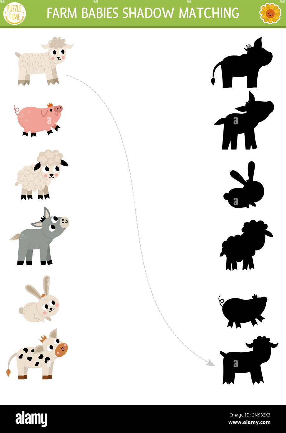Farm shadow matching activity with baby animals. Country village puzzle ...