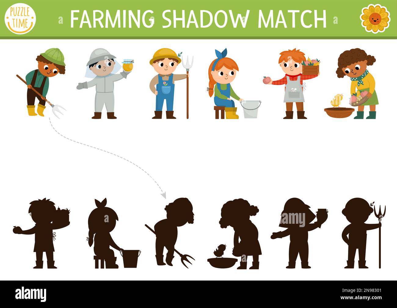 Farm shadow matching activity with cute kid farmers. Country village ... Farm shadow matching activity with cute kid farmers. Country village ...