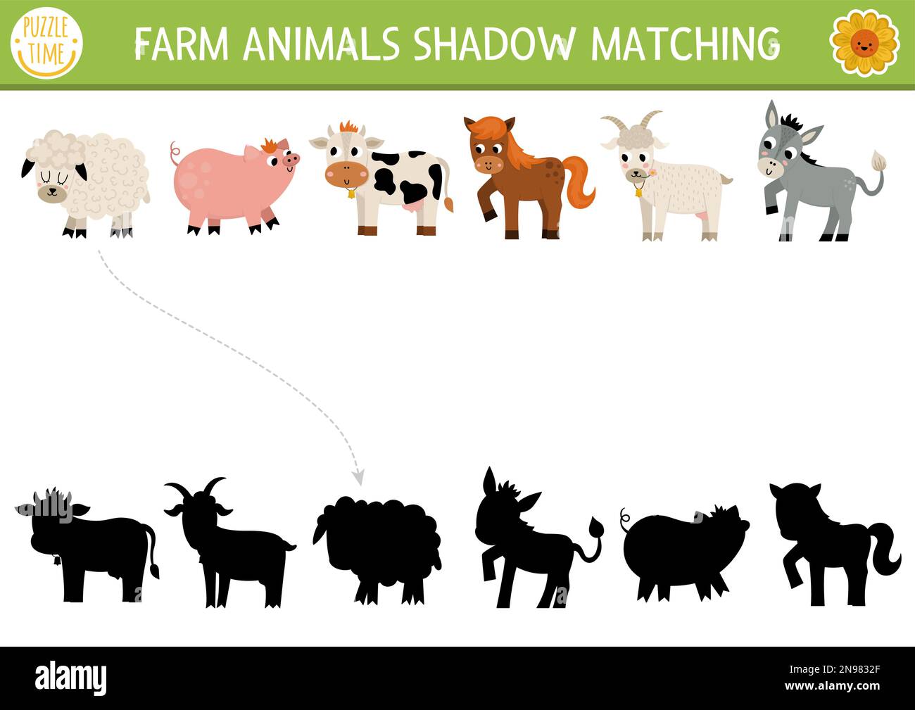 Farm shadow matching activity with animals. Country village puzzle with ... Farm shadow matching activity with animals. Country village puzzle with ...