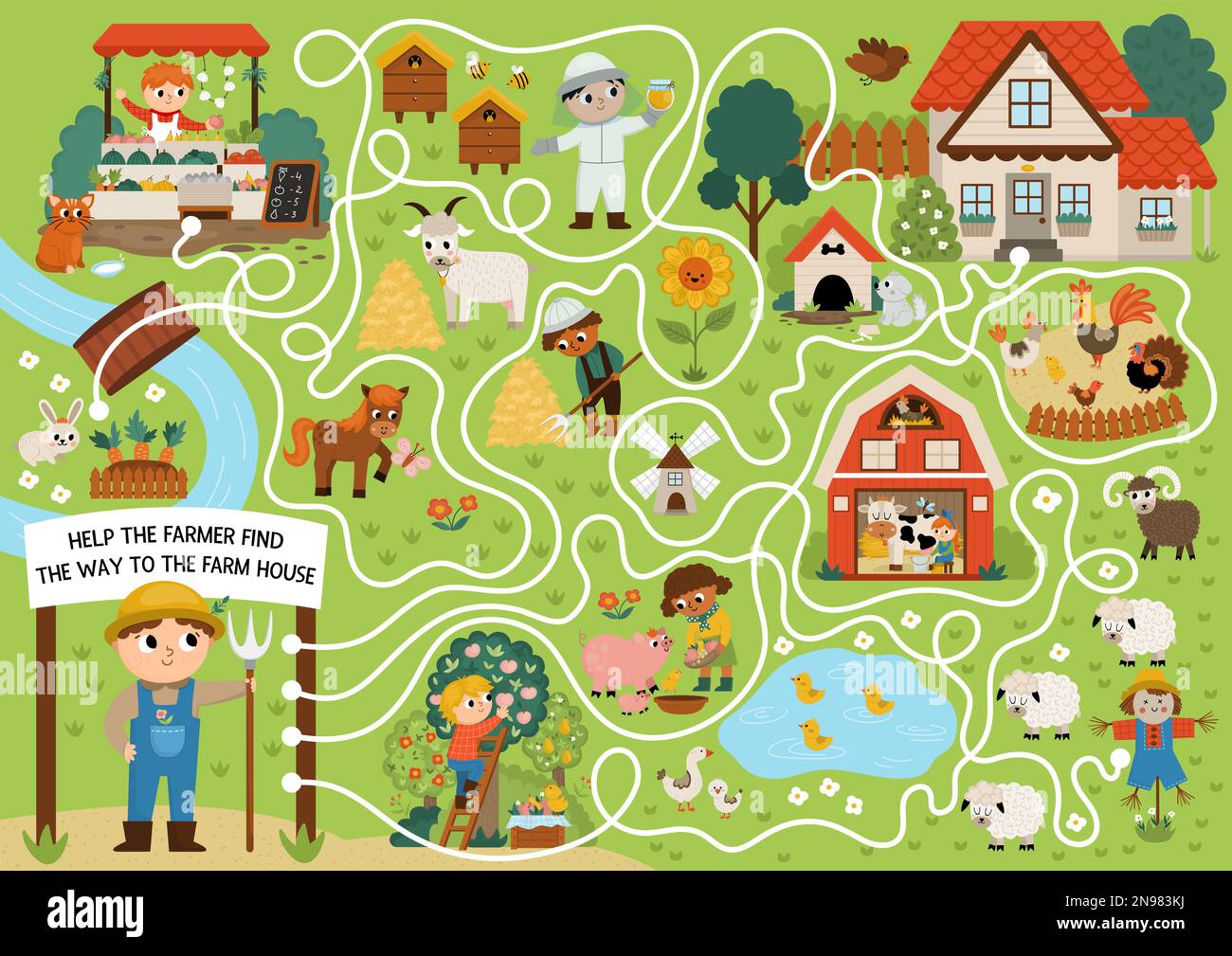 Farm maze for kids with rural village landscape, animals, barn, cottage ...
