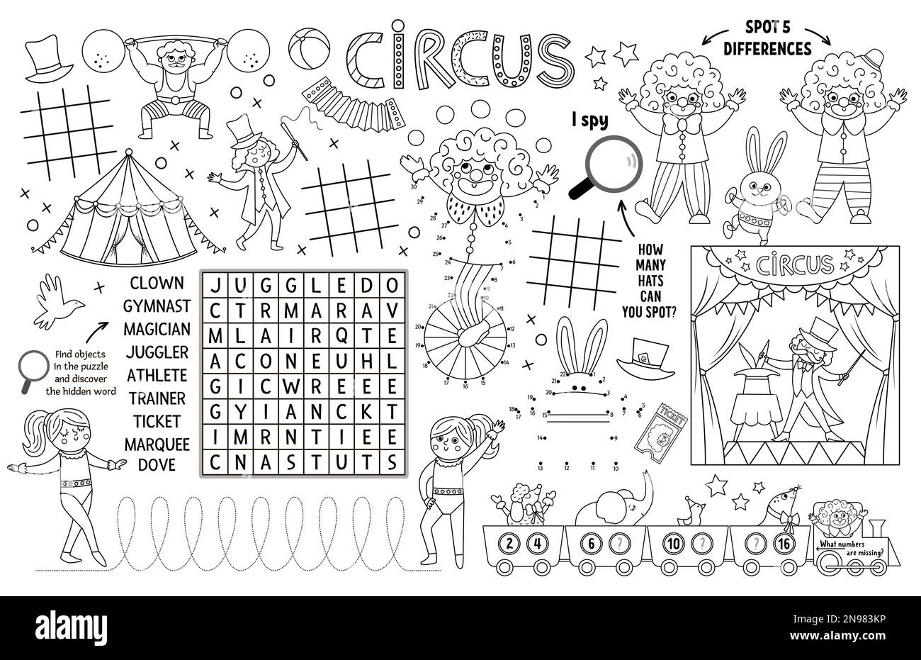 Vector circus placemat for kids. Amusement show printable activity mat ...