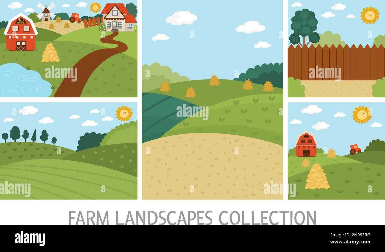 Vector farm landscapes set. Rural village scenes collection. Cute ...