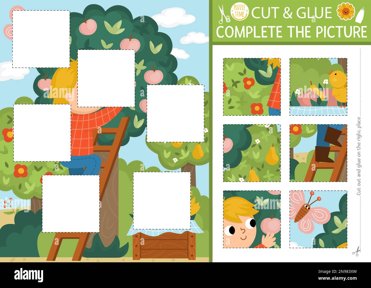 Vector on the farm cut and glue activity. Garden crafting game with ...