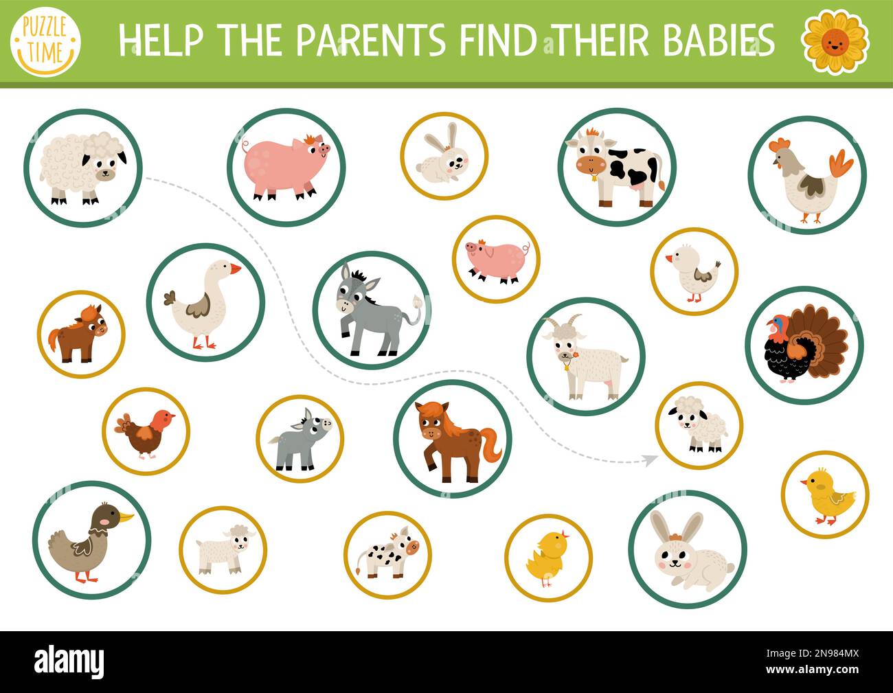Farm matching activity with cute animals and babies. Country puzzle ...