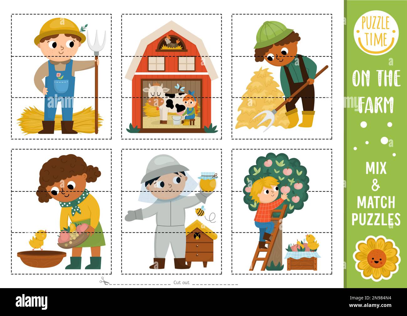 Vector on the farm mix and match puzzle with cute farmers. Matching ...