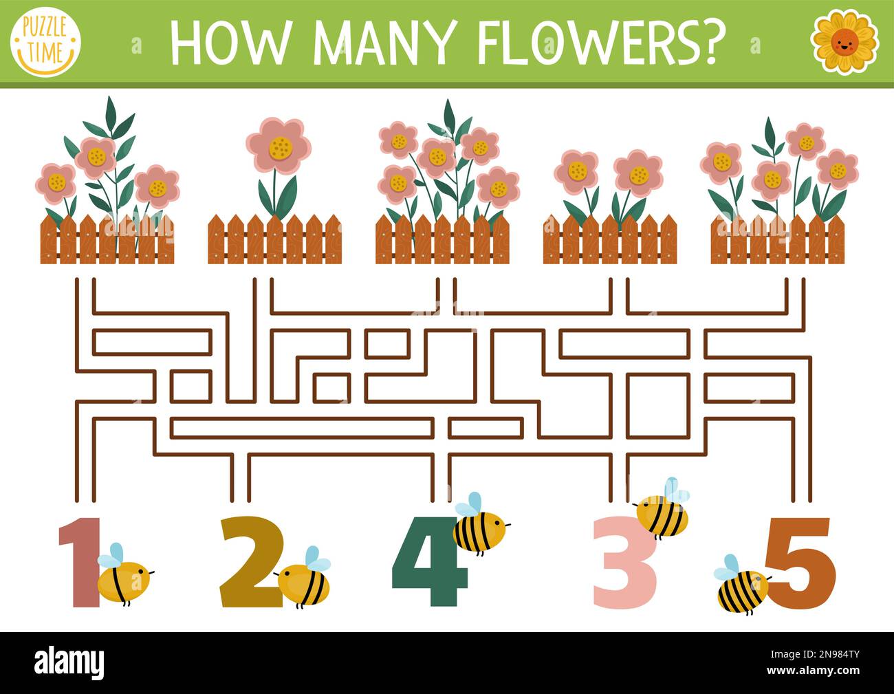 Farm or garden maze for children with flowerbeds, bees, fence ...