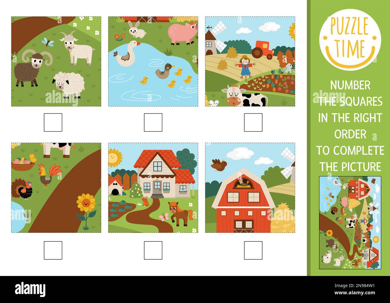 Vector on the farm activity. Garden complete the picture logic game ...