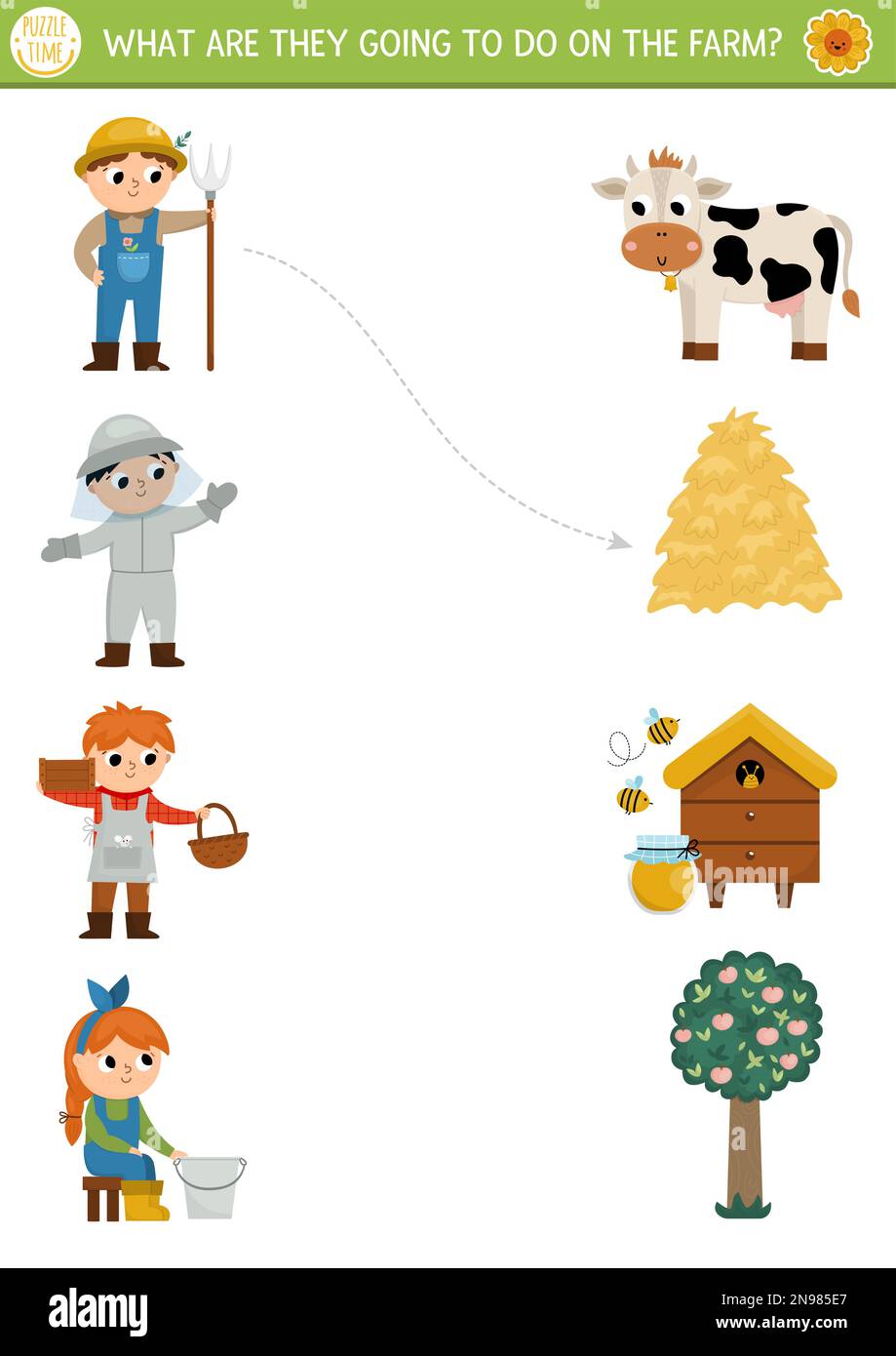 Farm matching activity with cute farmers and their chores. Country puzzle with cow, hay ...
