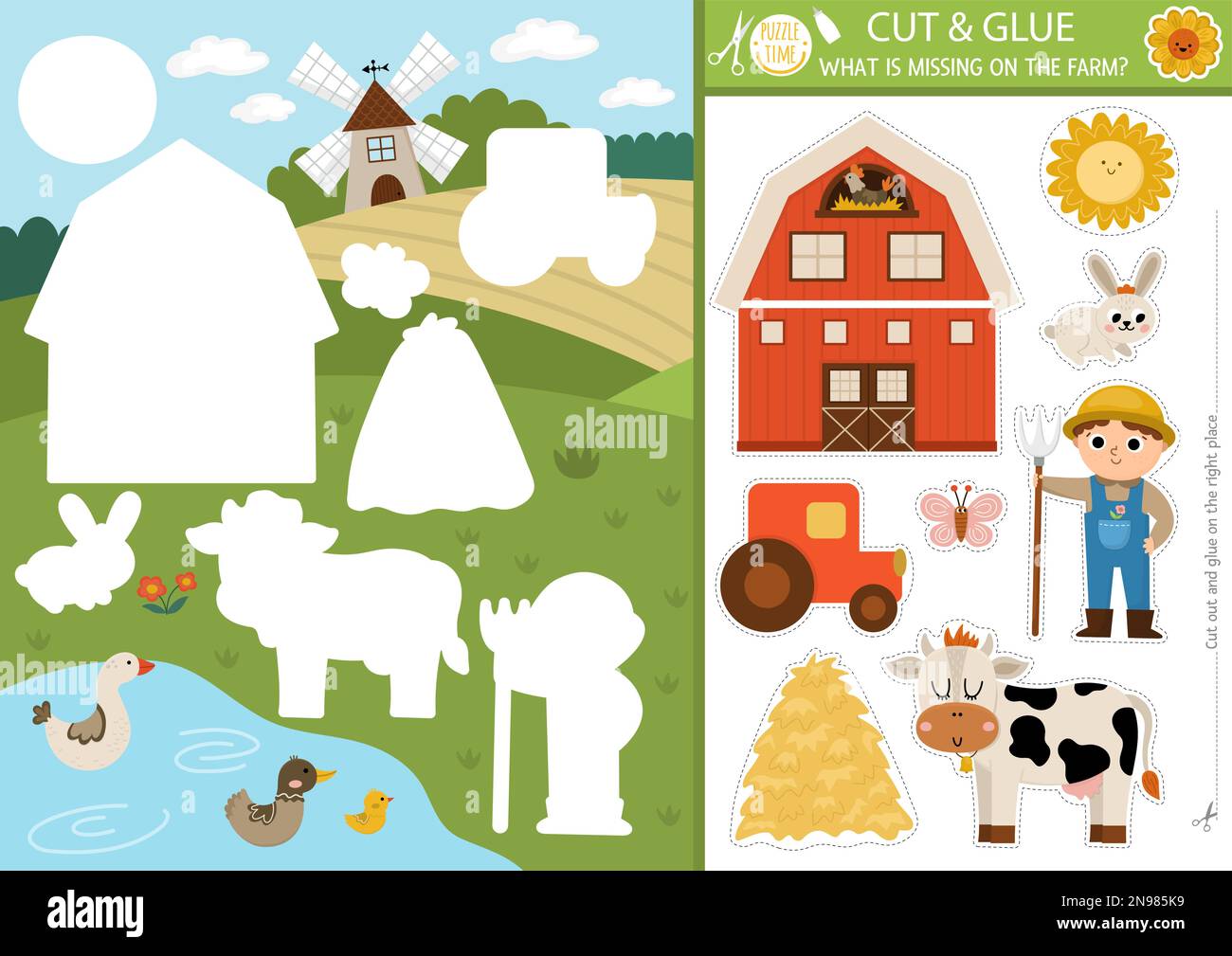 Vector on the farm cut and glue activity. Crafting game with cute rural ...
