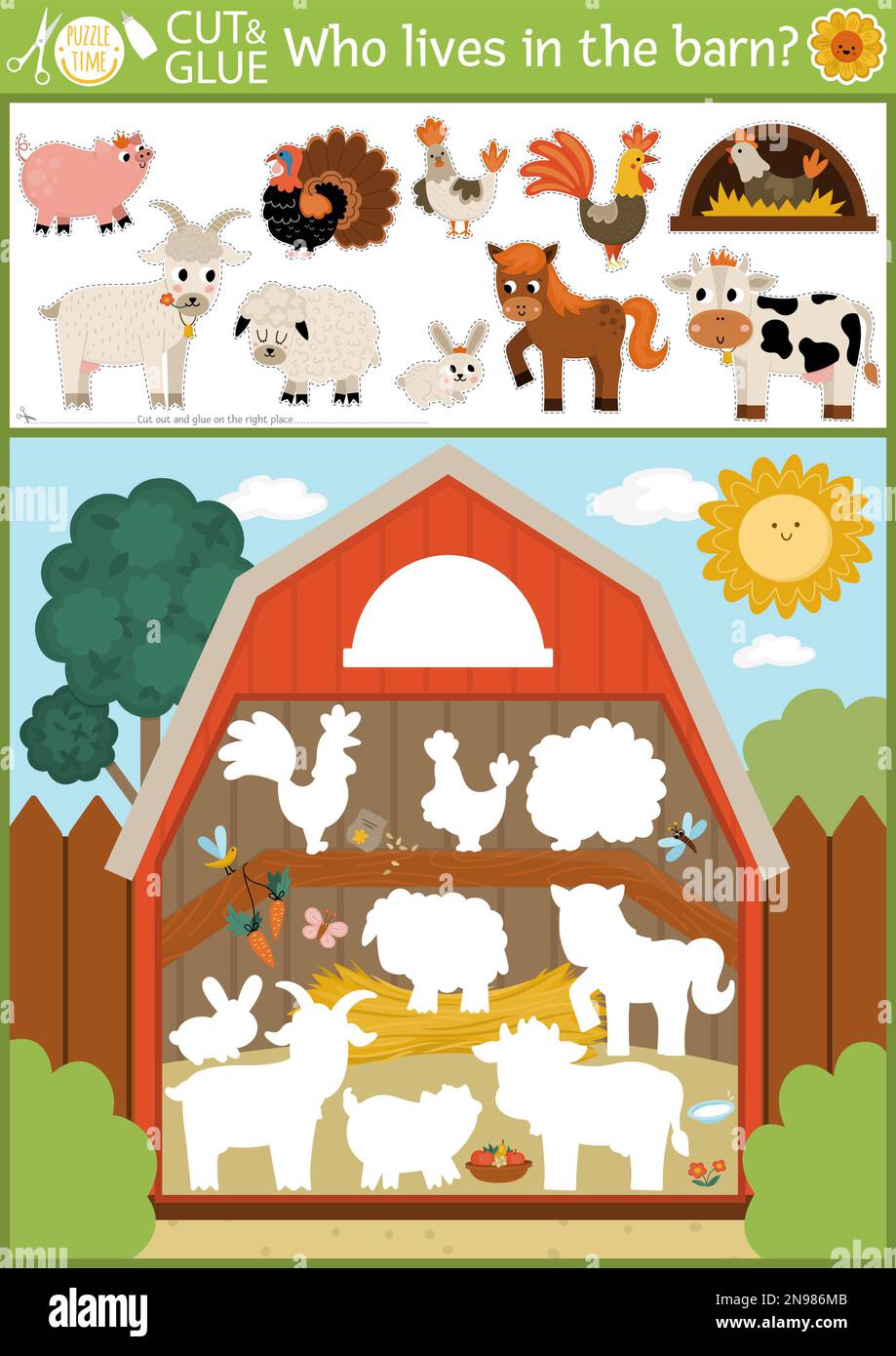 Vector on the farm cut and glue activity. Crafting game with cute farm ...
