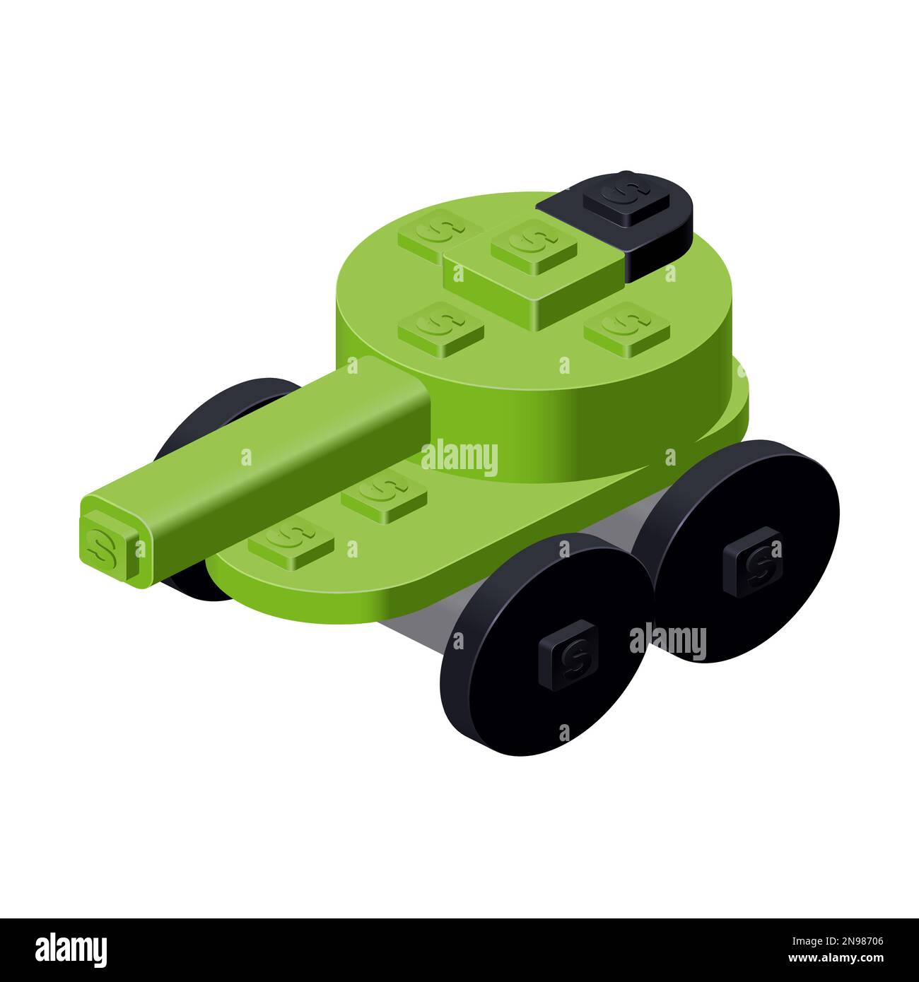 Tank assembled from plastic blocks in isometric style on a white ...