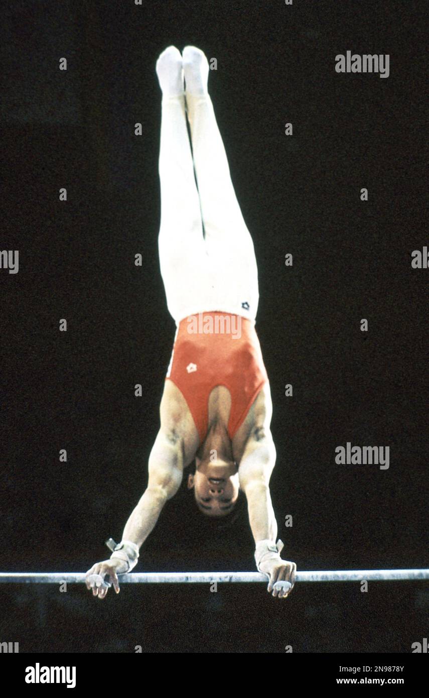 China's Li Ning on the Horzintal Bar during the Men's Gymnastics at the ...