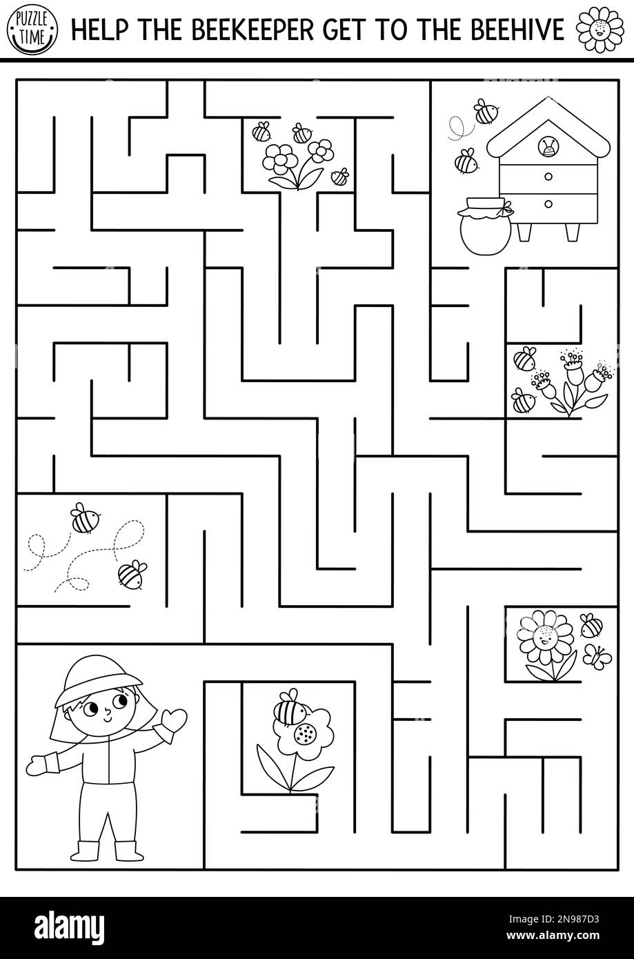 Black and white farm maze for kids with beekeeper and beehive. Country ...