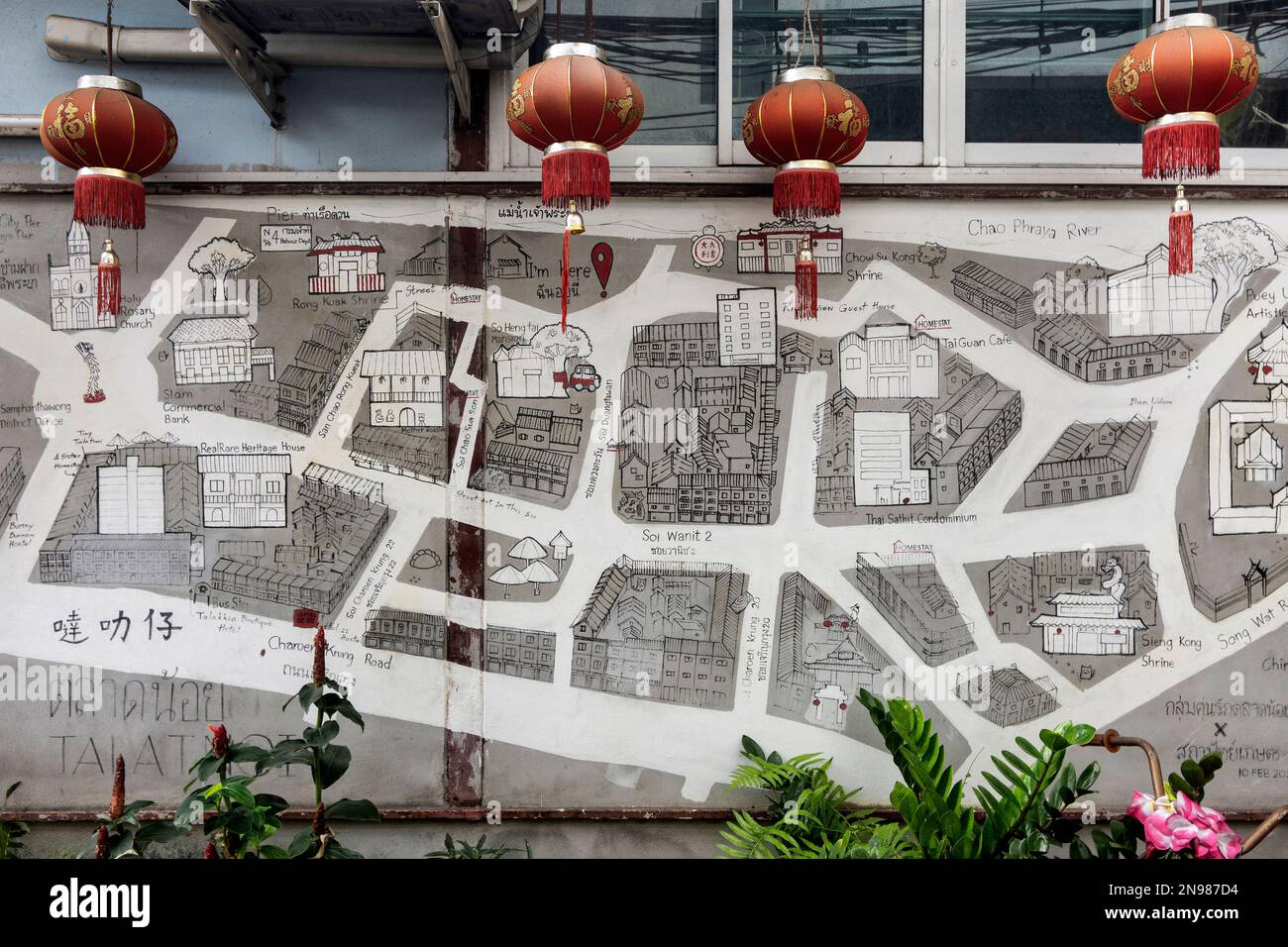 painted map of talat noi old chinatown area in bangkok thailand Stock ...