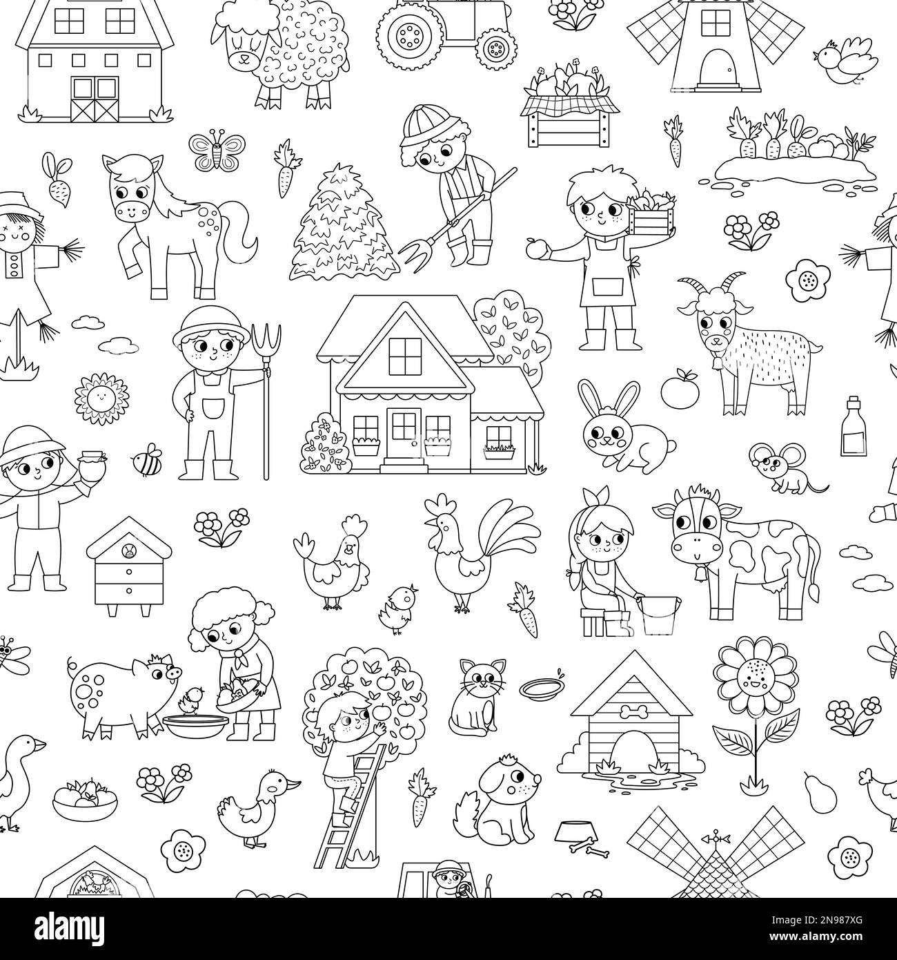 Vector black and white farm seamless pattern. Rural countryside outline ...