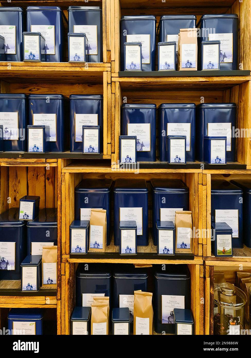 Kiel, Germany - 11 February 2023: A colourful mix of teas in a tea shop ...
