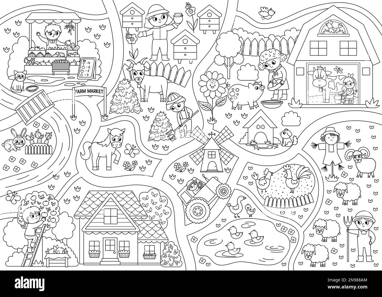 Farm black and white village map. Country life outline background ...