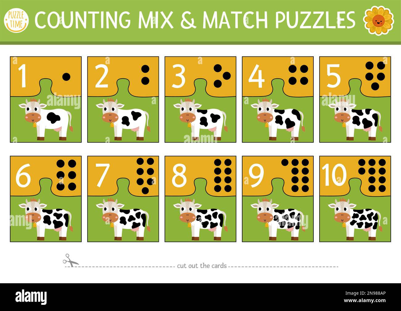 Vector on the farm mix and match puzzle with cute cow and spots ...