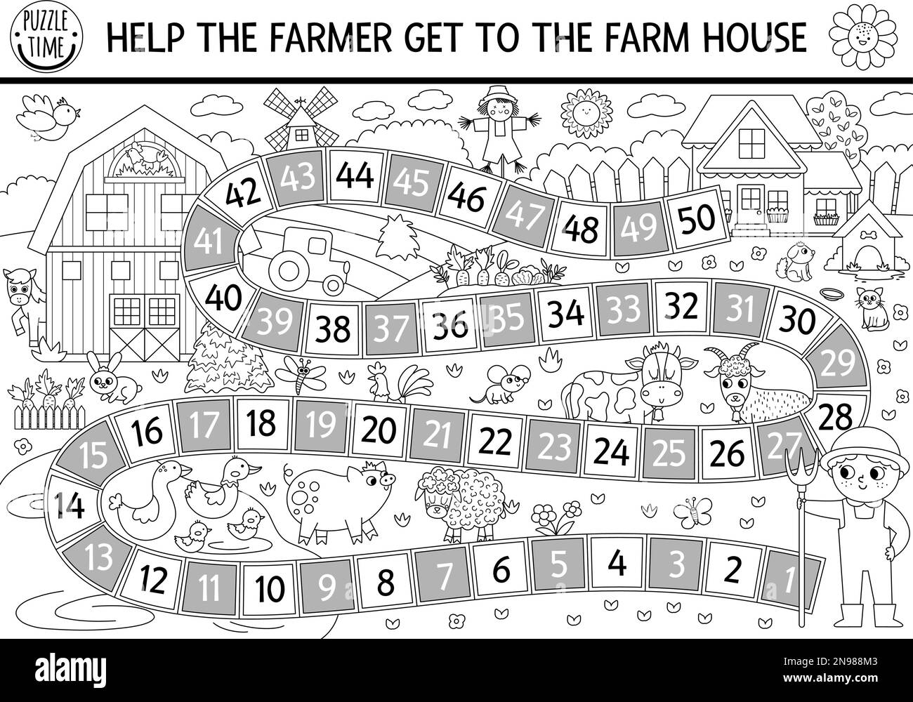 Farm black and white dice board game for children with village ...