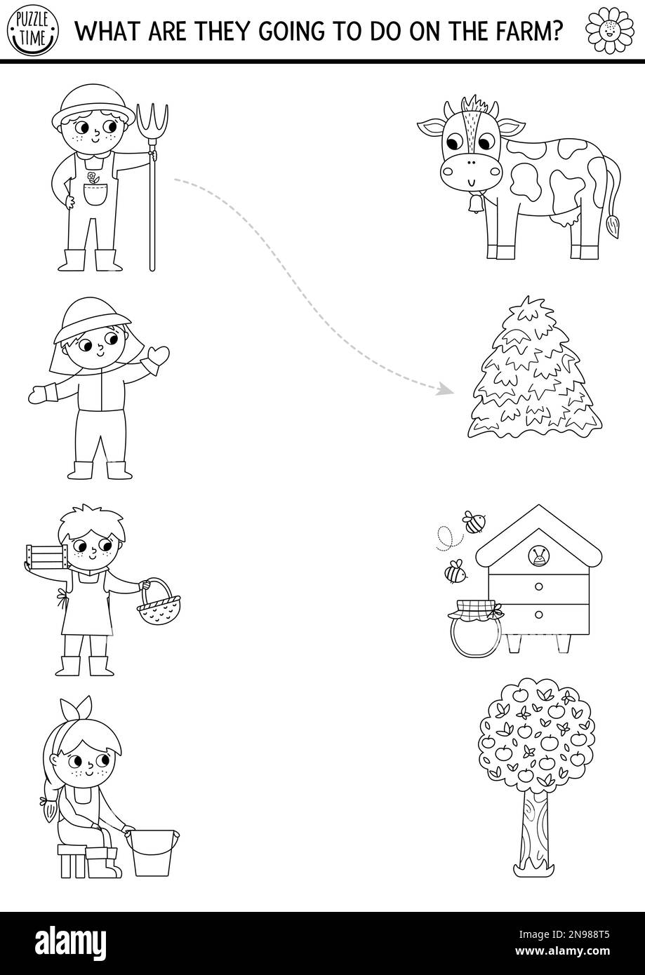 Black and white farm matching activity with cute farmers, chores ...