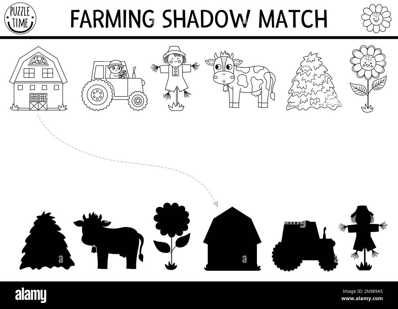 Black and white farm shadow matching activity with traditional country ...