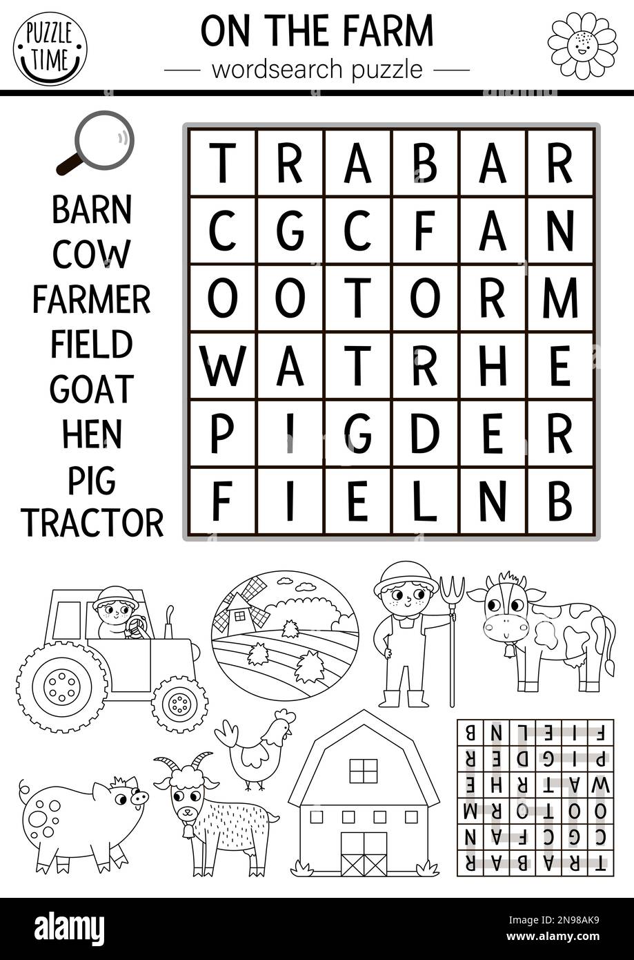Vector on the farm black and white word search puzzle for kids. Simple ...