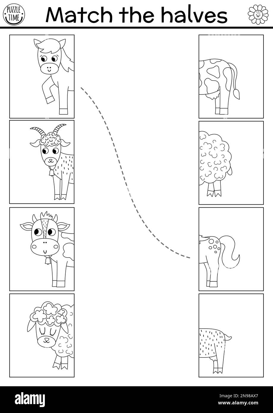 Farm connect the halves worksheet. On the farm black and white matching ...
