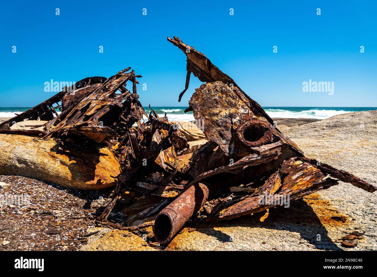 The wreck of the Aristea lies on the rocks on the Atlantic Ocean coast ...