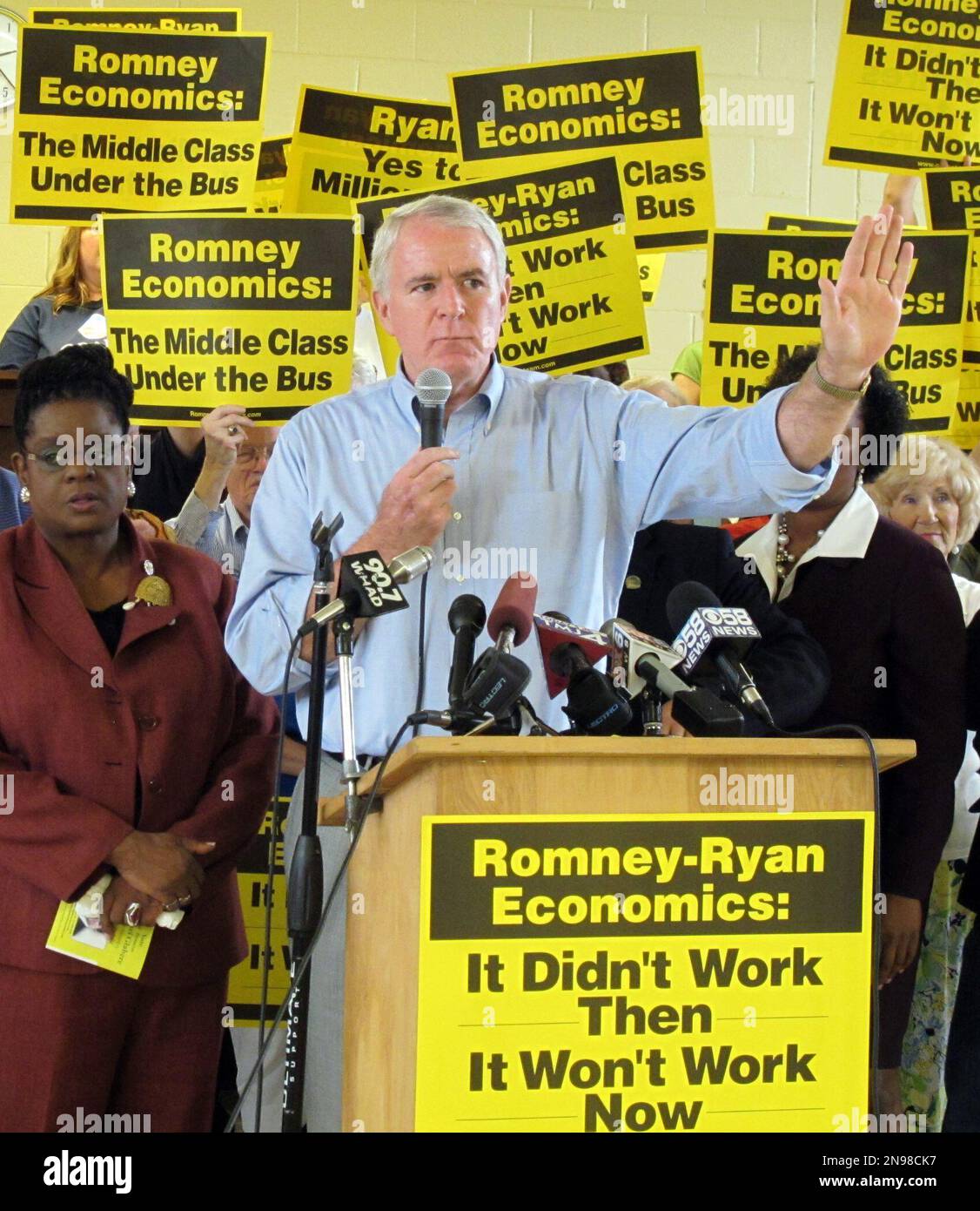 Milwaukee Mayor Tom Barrett, right, talks during an event at a labor ...