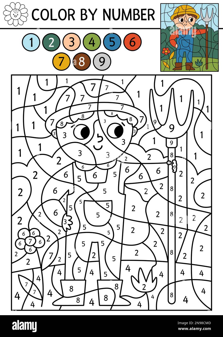 Vector on the farm color by number activity with farmer in the meadow ...