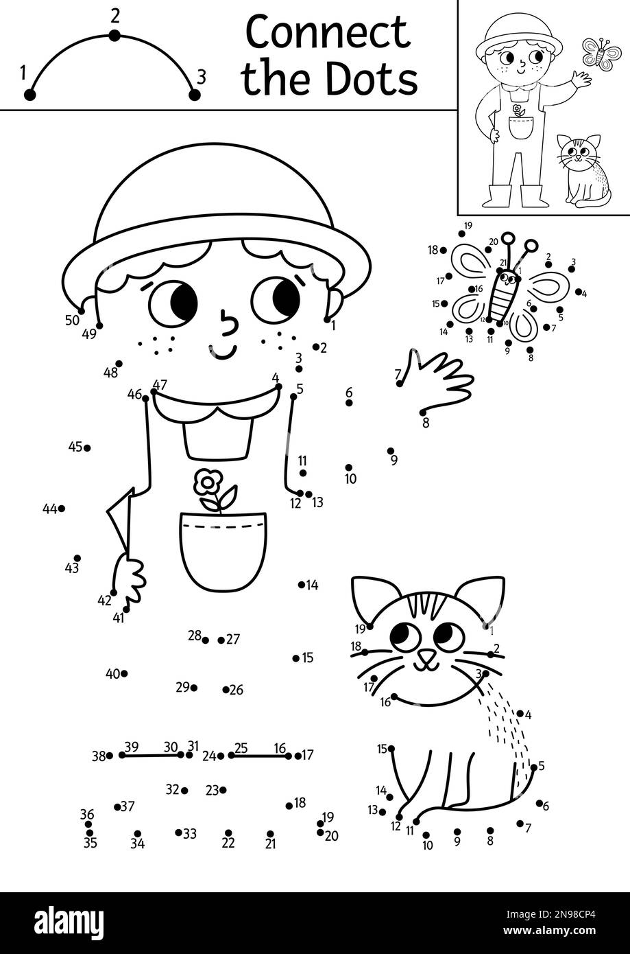 Vector dot-to-dot and color activity with cute farmer and cat. On the ...