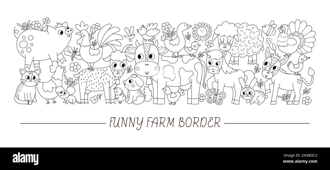 Vector black and white horizontal border set with cute farm animals ...