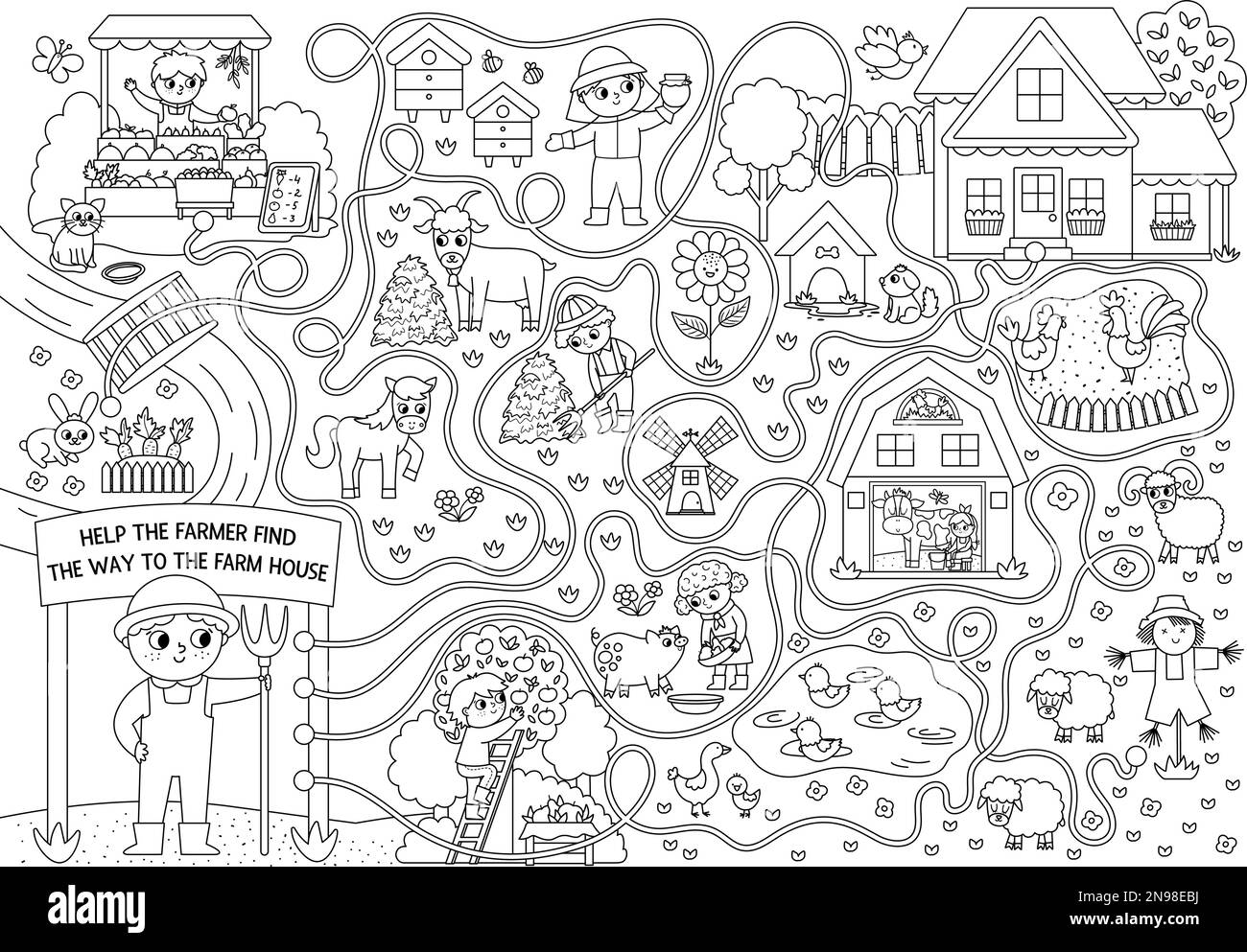 Black and white farm maze for kids with rural village landscape ...